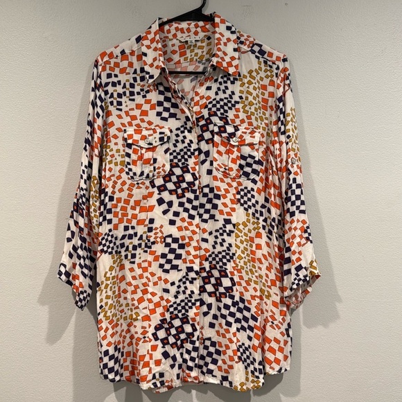 CAbi | Tops | Cabi White With Orange And Blue Geometric Pattern Loose ...